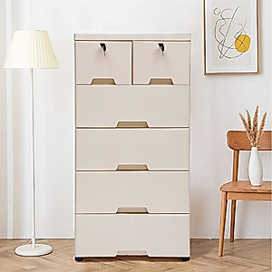 WOQLIBE Dresser Drawer Organizers,Plastic Dresser with 6 Drawers, Tall Lockable Storage Cabinet with Wheel, Dresser Drawer Organizers for Clothing/Bedroom/Playing Room,19.7x13.8x40 in(Beige)
