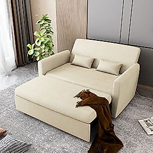 NOSGA Sofa Bed, Velvet Sleeper Sofa Bed Pull Out Sofa Bed Pull Out Sofa Sleeper Convertible with 2 Pillows Adjustable Backrest 55" Modern Adjustable Pull Out Bed Lounge Chaise, Beige