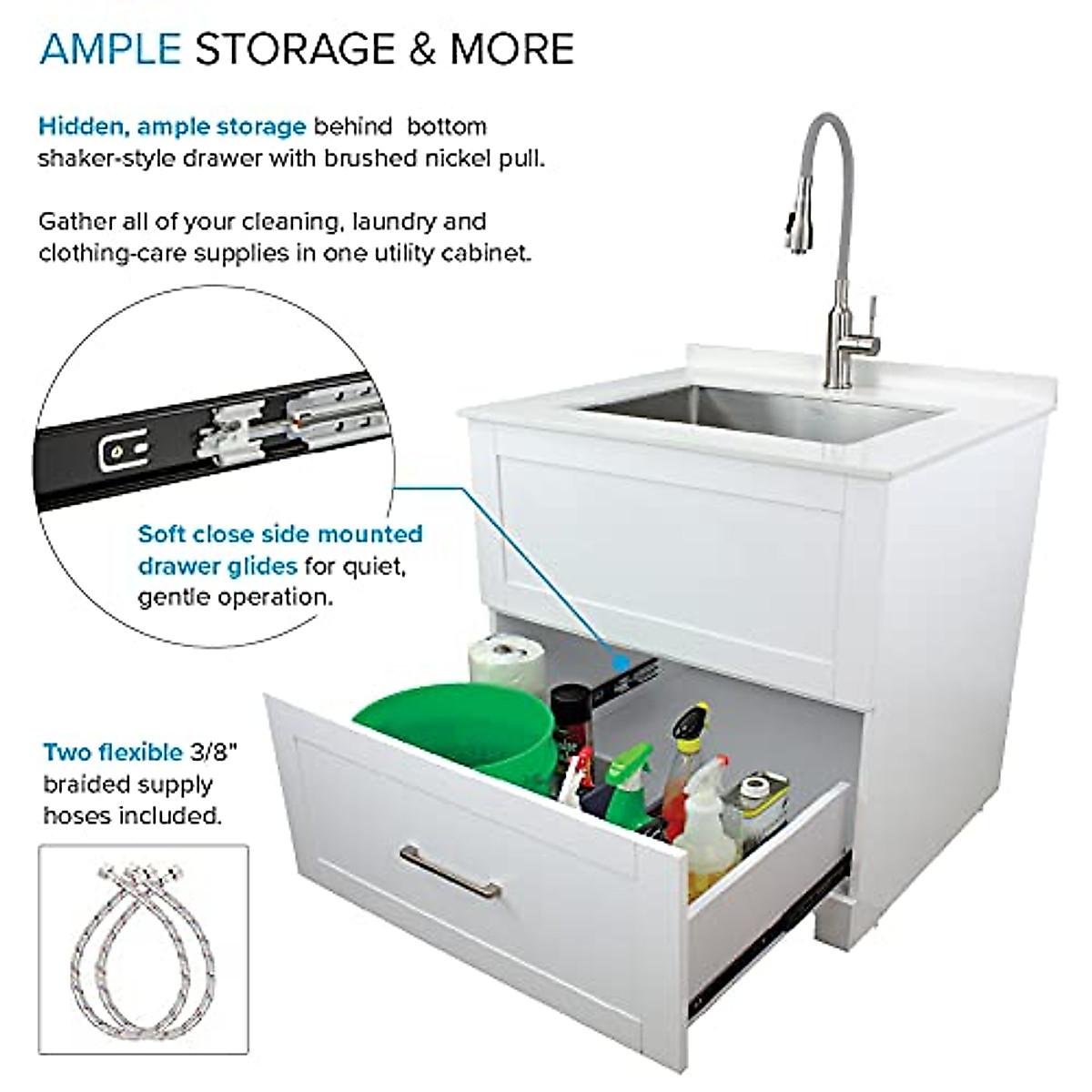 Transolid TCG-3025-WC All-in-One 29 in. x 25.5 in. Quartz Undermount Laundry/Utility Sink and Cabinet with Faucet in Matte White