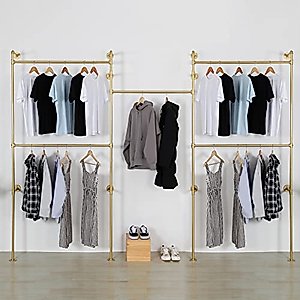 EDCB Industrial Pipe Clothing Rack Wall Mounted 5 Hanging Rods Garment Bar, Heavy Duty Closet Storage Rod Vintage Commercial Clothes Racks for Hallway Retail Boutique (Gold)