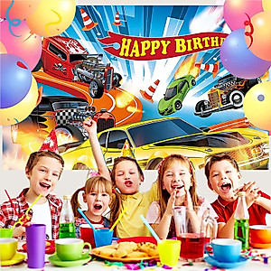 Hot Race Car Themed Party Decorations, Car Wheel Birthday Party Supplies Include Plastic Table Covers(42.5x70.8inch) and Photography Backdrop(59x39inch) for Kids Truck Party Favors