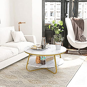 Elephance Modern Round Coffee Table with Storage, 35.4 Inch Faux Marble Coffee Table with Strong Metal Gold Frame for Living Room, Dining Room