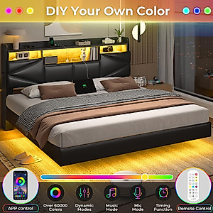 BTHFST Floating King Bed Frame with Storage Headboard & Charging Station, RGB LED Floating Platform Bed, Solid Wood Slats Support, No Box Spring Needed, PU Black