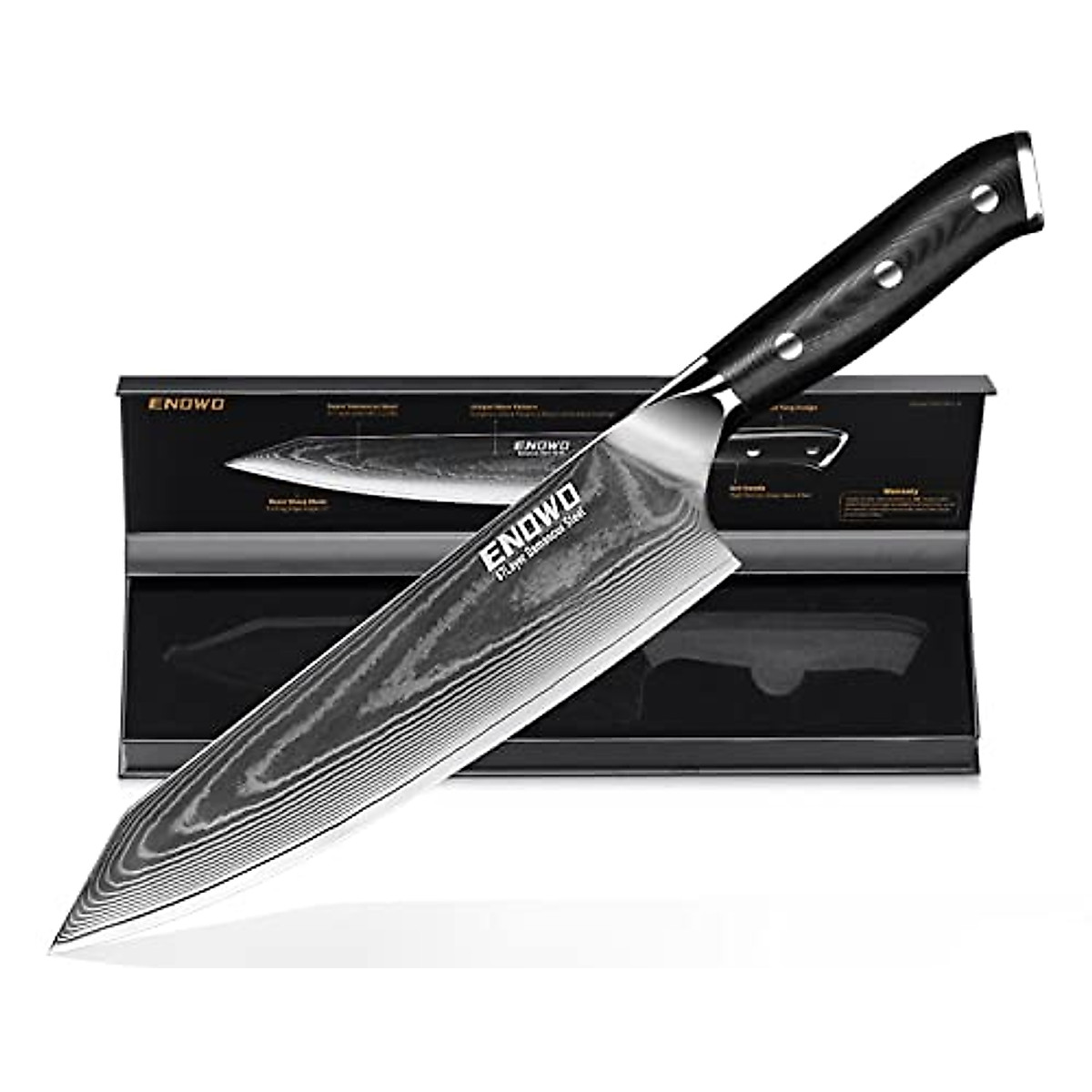 enowo Damascus Chef Knife 8 ", Kitchen Knife with VG-10 Stainless Steel, Japanese Kiritsuke knife with ergonomic G10 Handle Full Tang, Luxury Gift Box, Stain & Corrosion Resistant