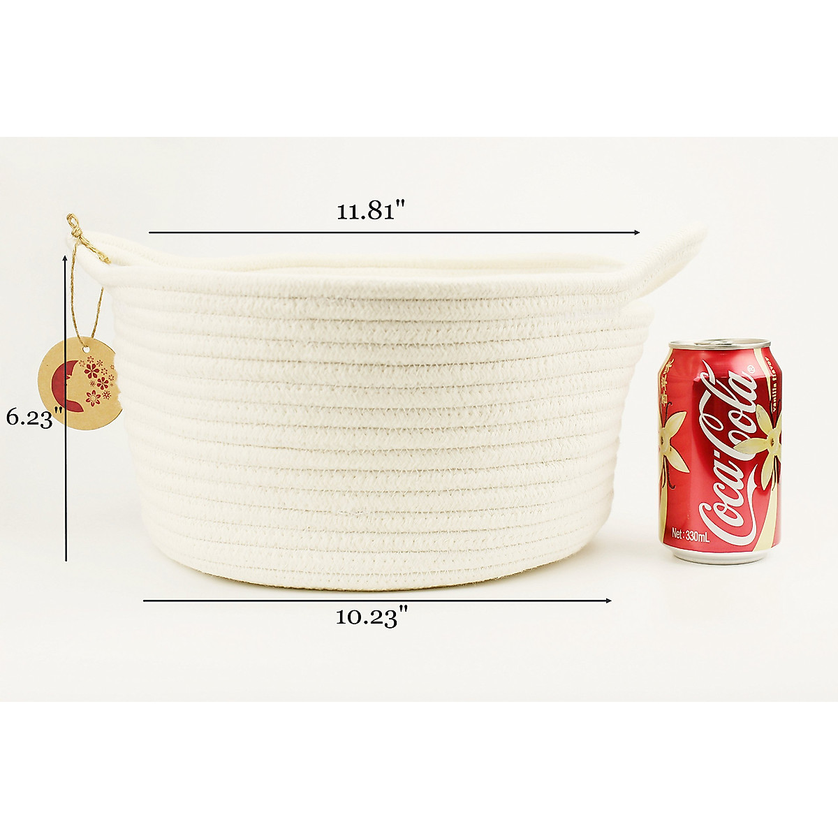 Orino Natural Two Small Cotton Rope Storage Basket with Handles Soft Durable Laundry Toy Pet Storage Nursery Home Decorations Bin (11.81x10.23x6.23 inch, Medium, Off White)