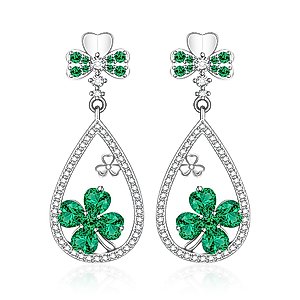 St Patricks Day Shamrock Earrings for Women Sterling Silver Studs Hypoallergenic Four Leaf Clover Green CZ Drop Dangle Earrings Jewelry Gifts