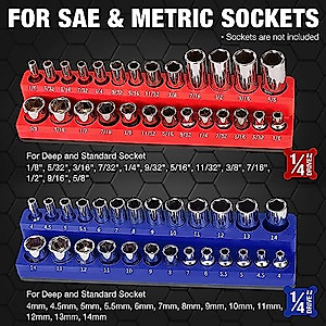 ALOANES 52-Slot Magnetic Socket Organizer, 2PC Socket Holder Kit, 1/4-inch Drive Premium Socket Tray Holders,for Standard and Deep Metric SAE Sockets, Heavy Duty Tools Organizer(Red&Blue)