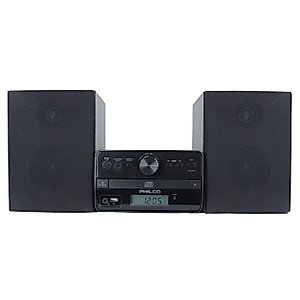Philco Stereo Shelf Systems Tray Loading CD Player with Digital FM Radio, Bluetooth Streaming, Remote Control in Black | LCD Display | 3.5mm Headphone Jack | MP3 & AUX Port Compatible | USB Input