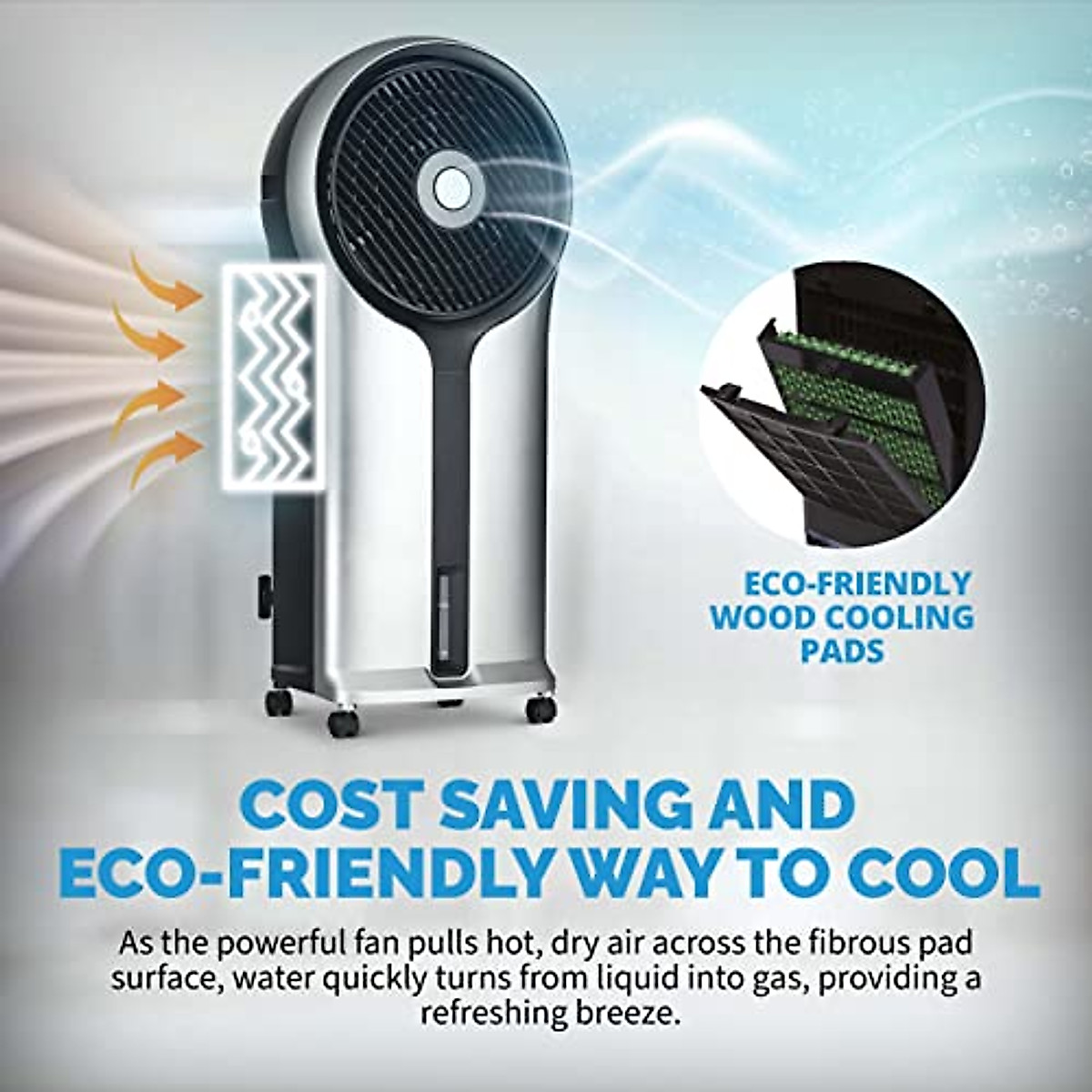 Newair Evaporative Cooler 470 CFM250 sq. ft. Freestanding Home Air Cooler 3 Fan Speeds 1.45 Gallon Water Tank, Silver Easy Glide Wheels Remote Control Included