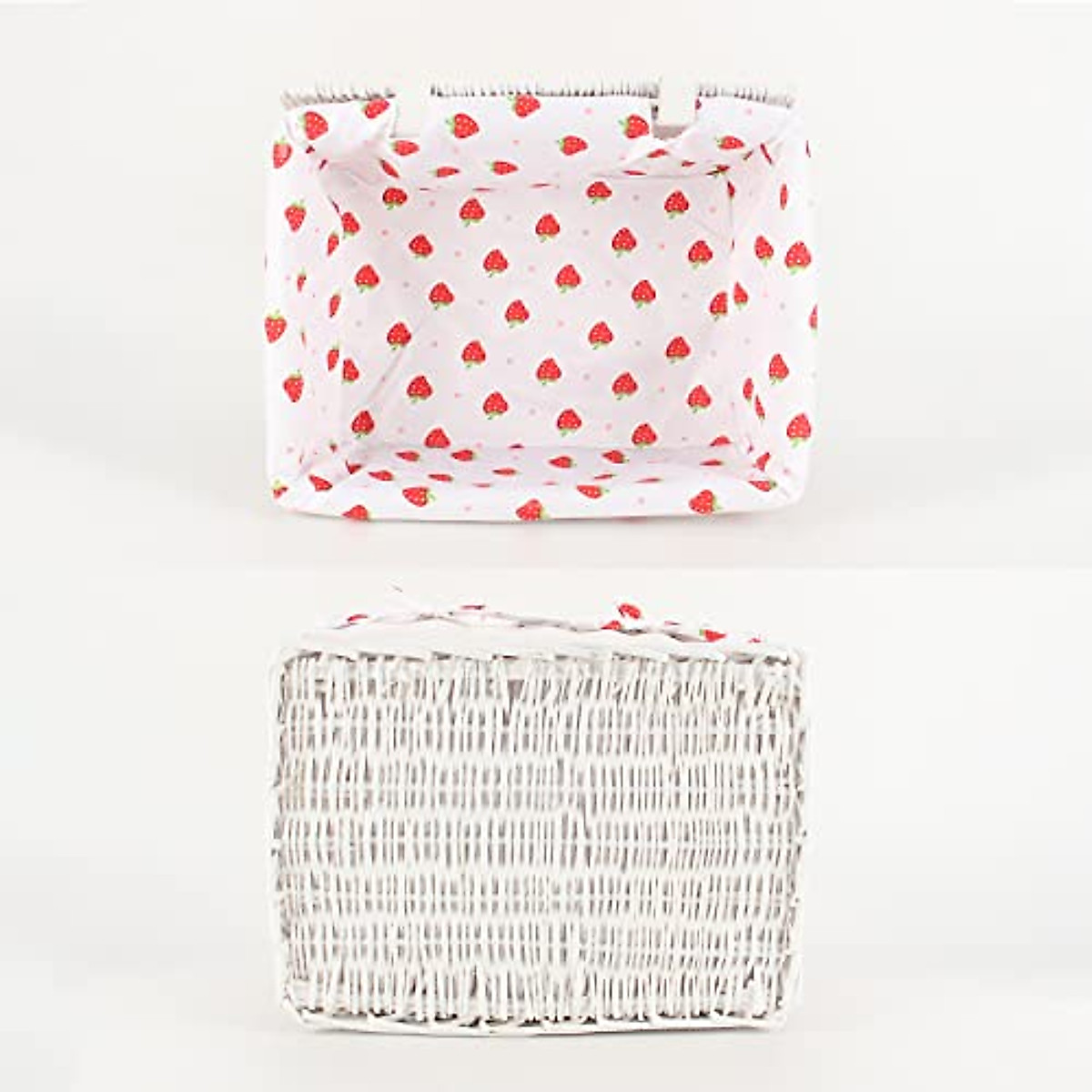 KINGWILLOW Rectangular Storage Basket, Wicker Storage Bin with Lid for Clothes Books Sundries (Strawberry Pattern Lining, Large)