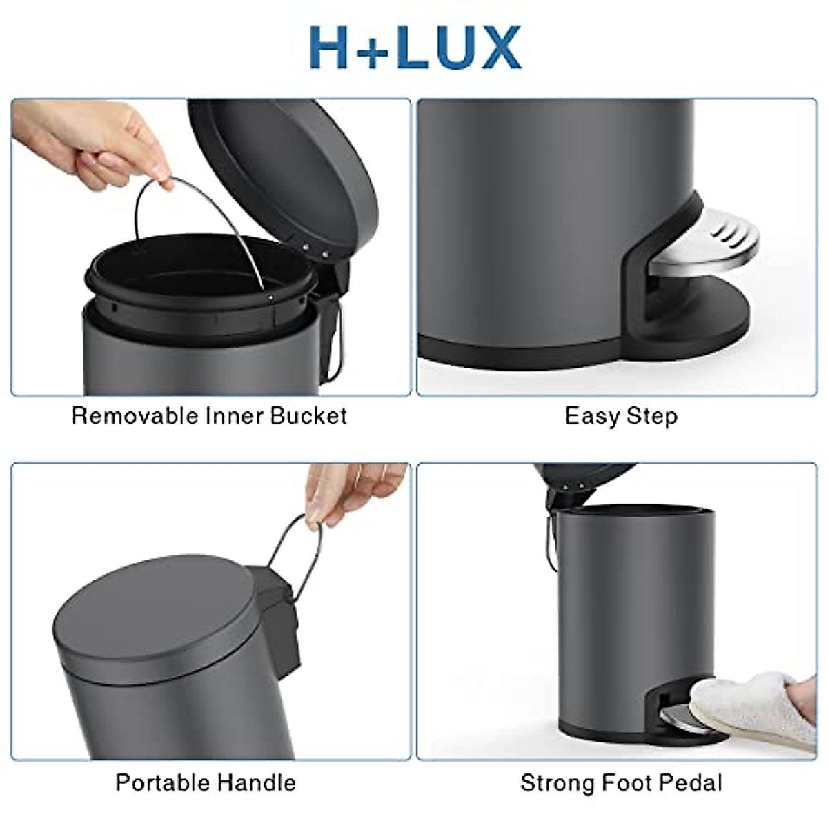 H+lux Small Trash Can with Lid, Round Garbage Can with Foot Pedal, Removable Inner Wastebasket, Anti-Fingerprint Matt Finish, 0.8Gal/3L, Grey