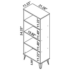 Manhattan Comfort Rockefeller Mid Century Modern 4 Shelves Home Office Bookcase with Metal Legs, 21.26", Brown