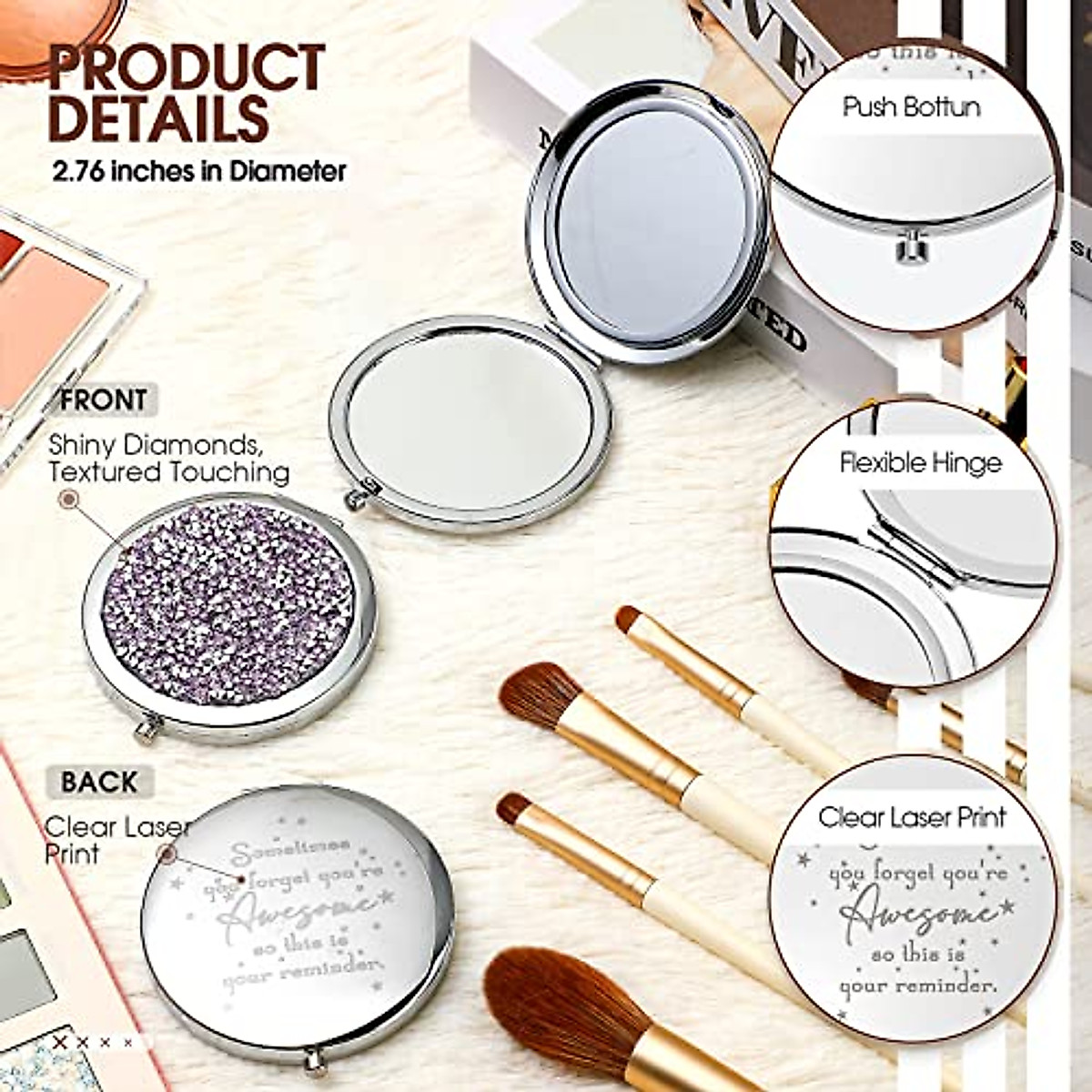 Roowest 10 Pcs Inspirational Compact Mirror Sometimes You Forget You're Awesome Appreciation Thank You Gifts for Women Employee Coworker Staff Magnifying Pocket Mirror (Light Purple)