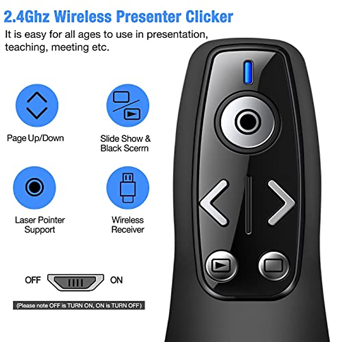 2-in-1 USB Type C Presentation Clicker Wireless Presenter Remote for PowerPoint, Powerpoint Clicker with Hyperlink & Volume Control PowerPoint Slide Advancer for Mac, Computer, Laptop