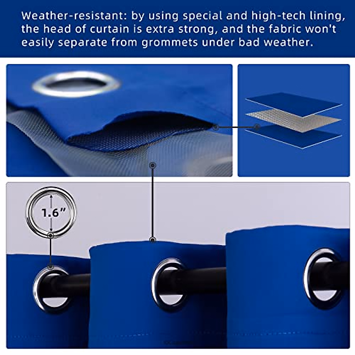 DIVA EN CAMINO DEC Outdoor Patio Curtain Waterproof Darkening Thermal Insulated Indoor Curtains for Bedroom, Porch, Living Room, Pergola, Cabana, W52 x L95, Royal Blue, Set of 2 Panels