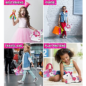 DolliBu Unicorn Bags and Keychain Set of 3-2 Unicorn Stuffed Animal Purse Bags for Girls and 1 Keychain, Removable Unicorns in Sequin and Furry Handbags for Dress Up