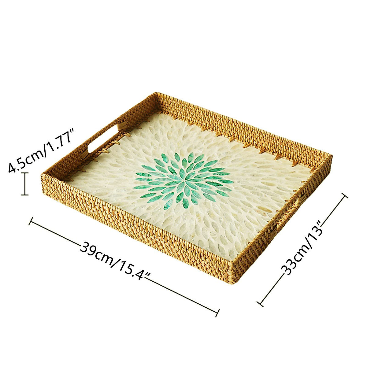 I-lan 15" Rectangular Rattan Woven Tray Basket with Mother of Pearl Inlay Wooden Base and Handles, Handmade Wicker Coffee Table Décor Serving Tray with 1.6" Wall, Handmade Decorative Display Basket