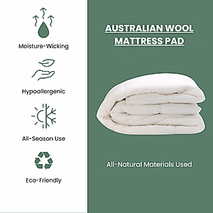 OrganicTextiles 100% Natural Australian Wool Mattress Pad with Organic Cotton Cover (King Size), Moisture Wicking, Luxurious Soft Feel, Baffle Box Stitching, Temperature Regulation, Machine Washable