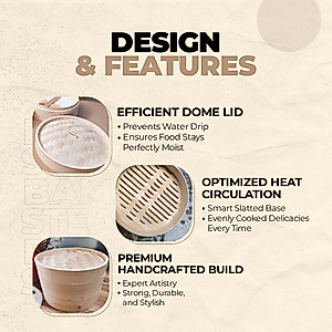 Grown Goods Bamboo Steamer Handmade Basket with Lid | 10 inch 2 Tier Steaming Basket Traditional Design | For Dumplings, Rice, Dim Sum, Vegetables, Fish, and Meat | Includes 50 liners, 2 bamboo sauce