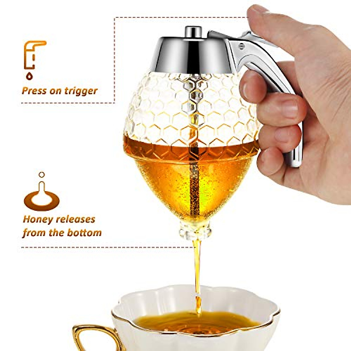 Acrylic Honey Dispenser with Stand Honey Comb Shaped Honey Pot, Syrup and Sugar Jar Pot, No Drip Honey Dispenser with High Capacity Honey Pourer Dispenser