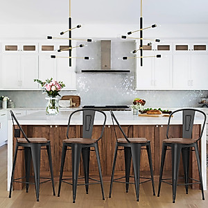 HAOBO Home Swivel Metal Barstools High Back Counter Bar Stools Set of 4 (Matte Black with Wooden Seat, Swivel 24 inch)