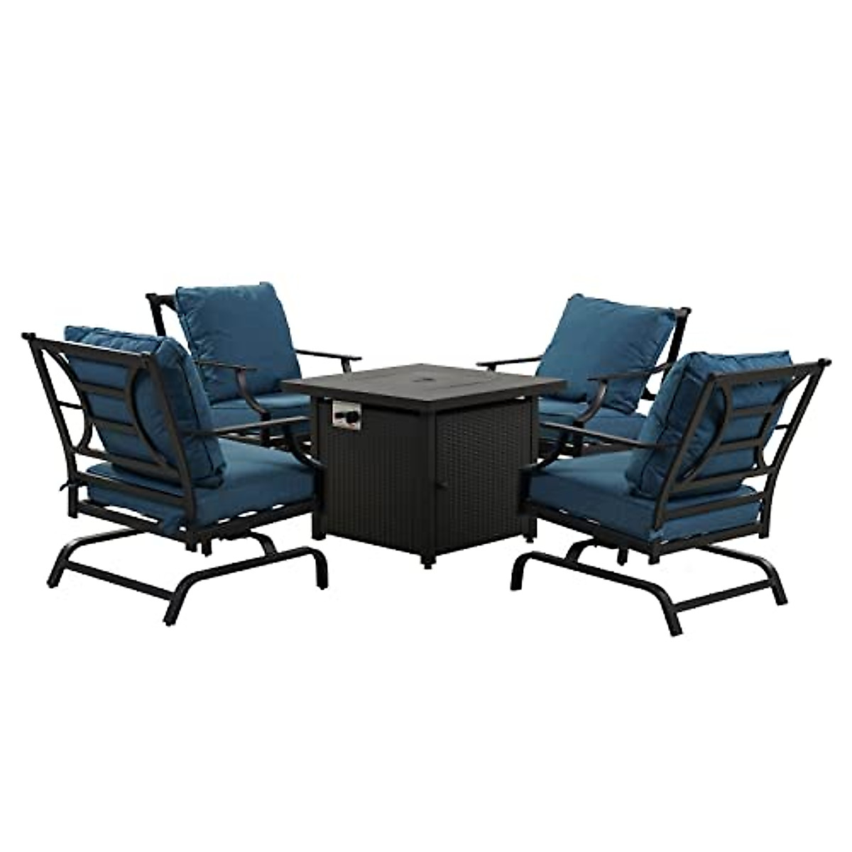 Grand patio 5 Pieces Patio Furniture Set with 30 Inch 50,000 BTU Steel Square Propane Fire Pit Table,4 Rocking Metal Patio Chairs with Peacock Blue Cushions