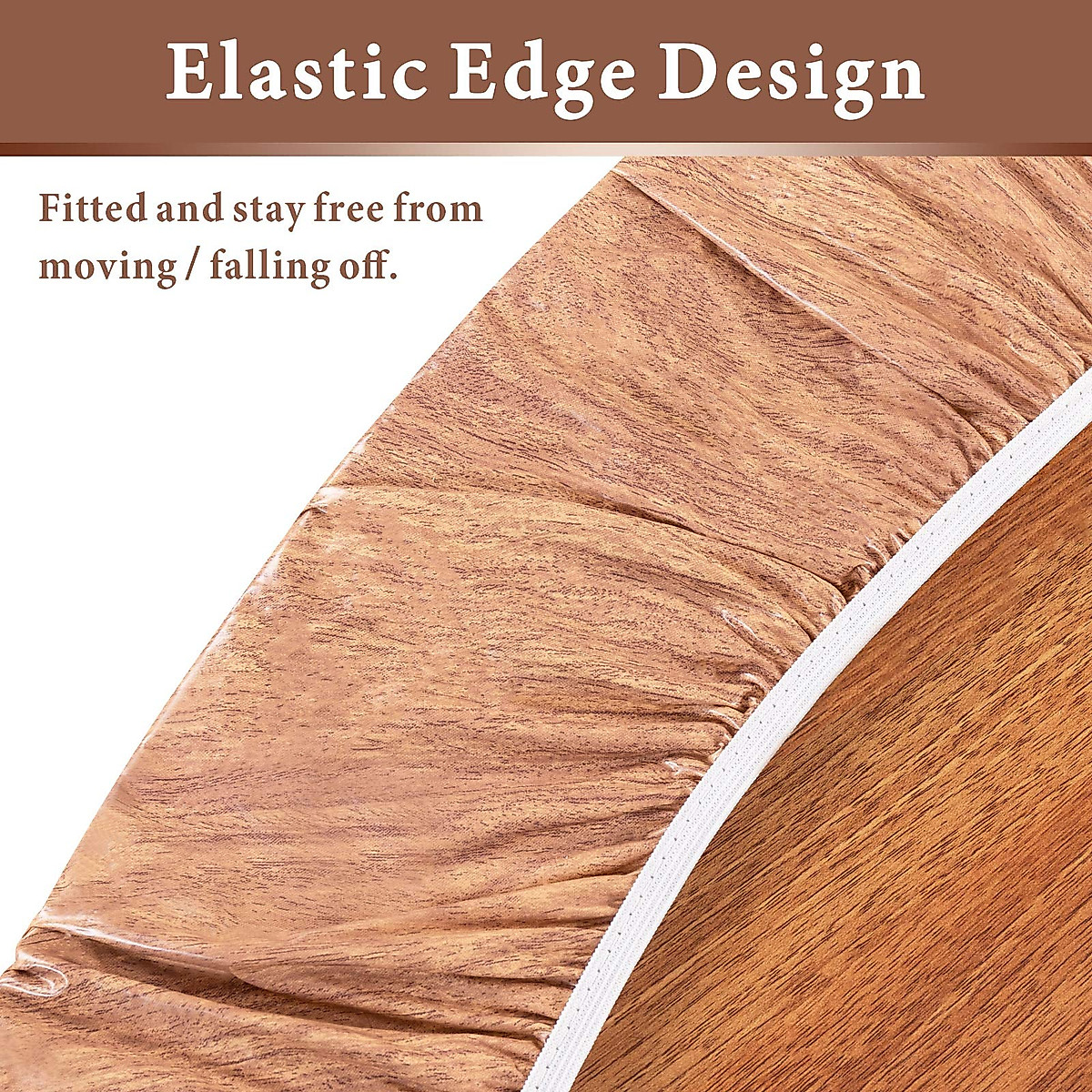 UMINEUX Round Fitted Vinyl Tablecloth with Elastic Edged & Flannel Backing, Waterproof Wipeable Round Table Cover for Indoor Outdoor Patio Use - Fits Tables up to 45" - 56" Diameter(Wood)