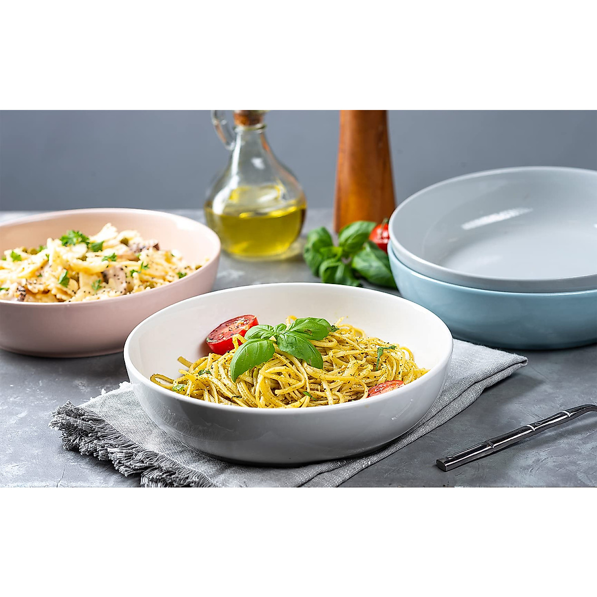 KooK Salad Bowl, Pasta Bowls, Soup, Serving Bowls, Ceramic, Large Capacity, Microwave & Dishwasher Safe, Set of 4, 40 Oz, (White)