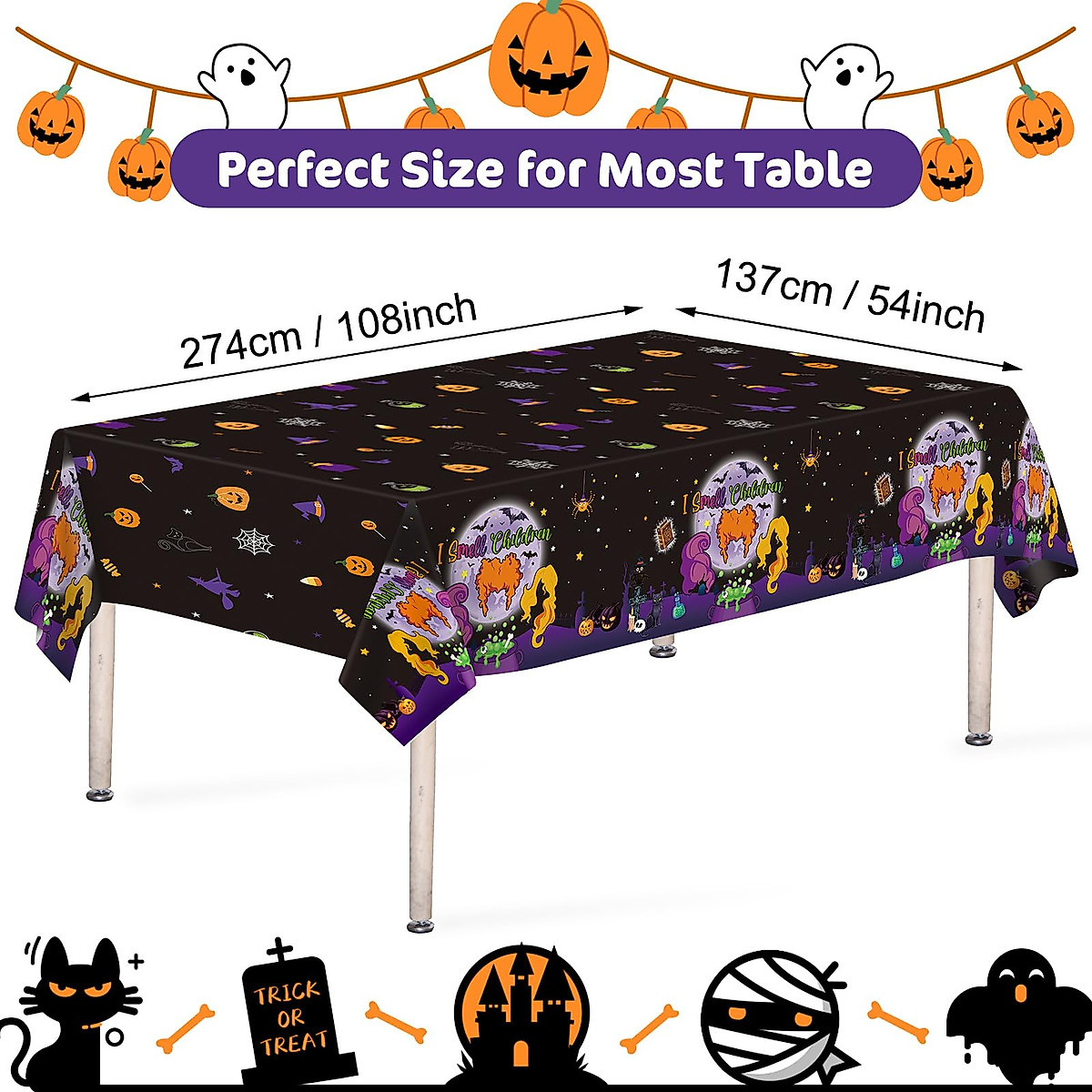 3 Pack Halloween Hocus Pocus Tablecloth, I Smell Children Halloween Table Cloth Witch Disposable Rectangular Platstic Table Covers for Halloween Party Decorations Table Decor Supplies, 108 x 54 Inch