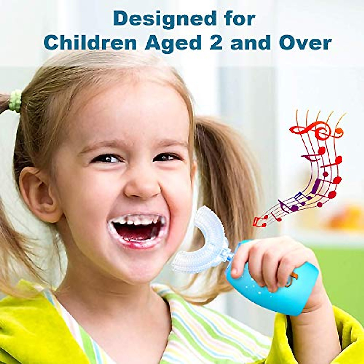 Sunartec Kids Musical U Shaped Toothbrush, Ultrasonic Electric Toothbrushes for Kids 2 Brushing Modes and 1 Gums Care 360° Sonic Toothbrushes for Child 4 Brushheads (Purple and Blue Random)