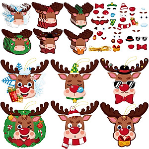 DIY Christmas Reindeer Tree Ornament Craft Kit for Kids Holiday Art Making Craft with Stickers, Make Your Own Xmas Reindeer Christmas Favor Decoration Home Classroom Party Game Activities