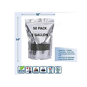 50 Pcs Mylar Bags for Food Storage with Clear Window 1 Gallon 10x14 Inches for Long Term Food Storage