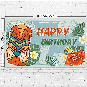Happy Birthday Banner Backdrop Hawaii Aloha Totem Palm Tree Leaves Theme Decor for Tiki Bar Hawaiian Luau Summer Party Baby Shower Carnival Flag Decorations Favors Supplies Photography