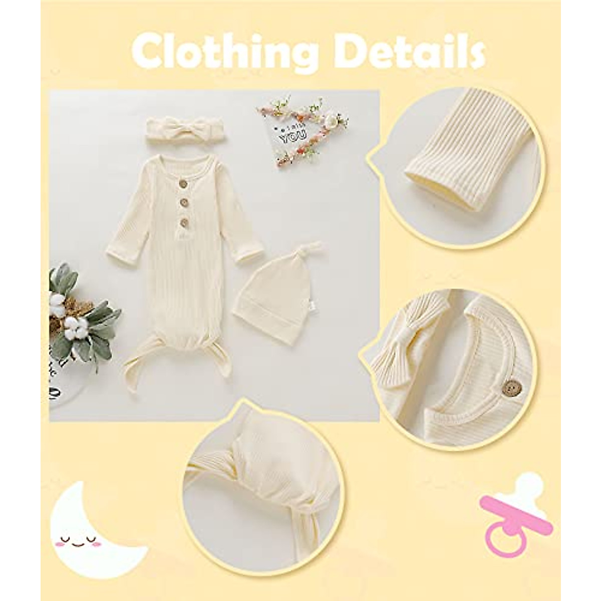 MoryGooder Newborn Cotton Nightgowns Neutral Knotted Sleeper Baby Coming Home Outfit (White,0-6 Months)