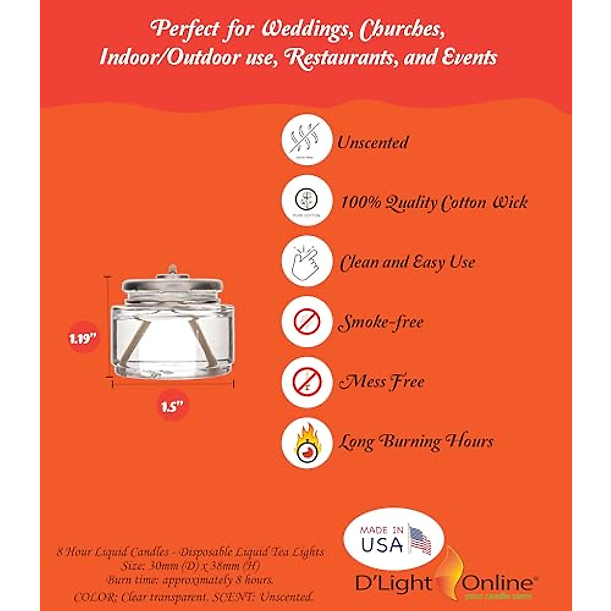 D'light Online HD8-90 Liquid Wax Disposable Clear 8 Hour Liquid Tealight Fuel Cell Oil Candle Cartridge Disposable Liquid Paraffin Smokeless Odorless | Clear Fuel Oil Shabbos Candles - Set of 90