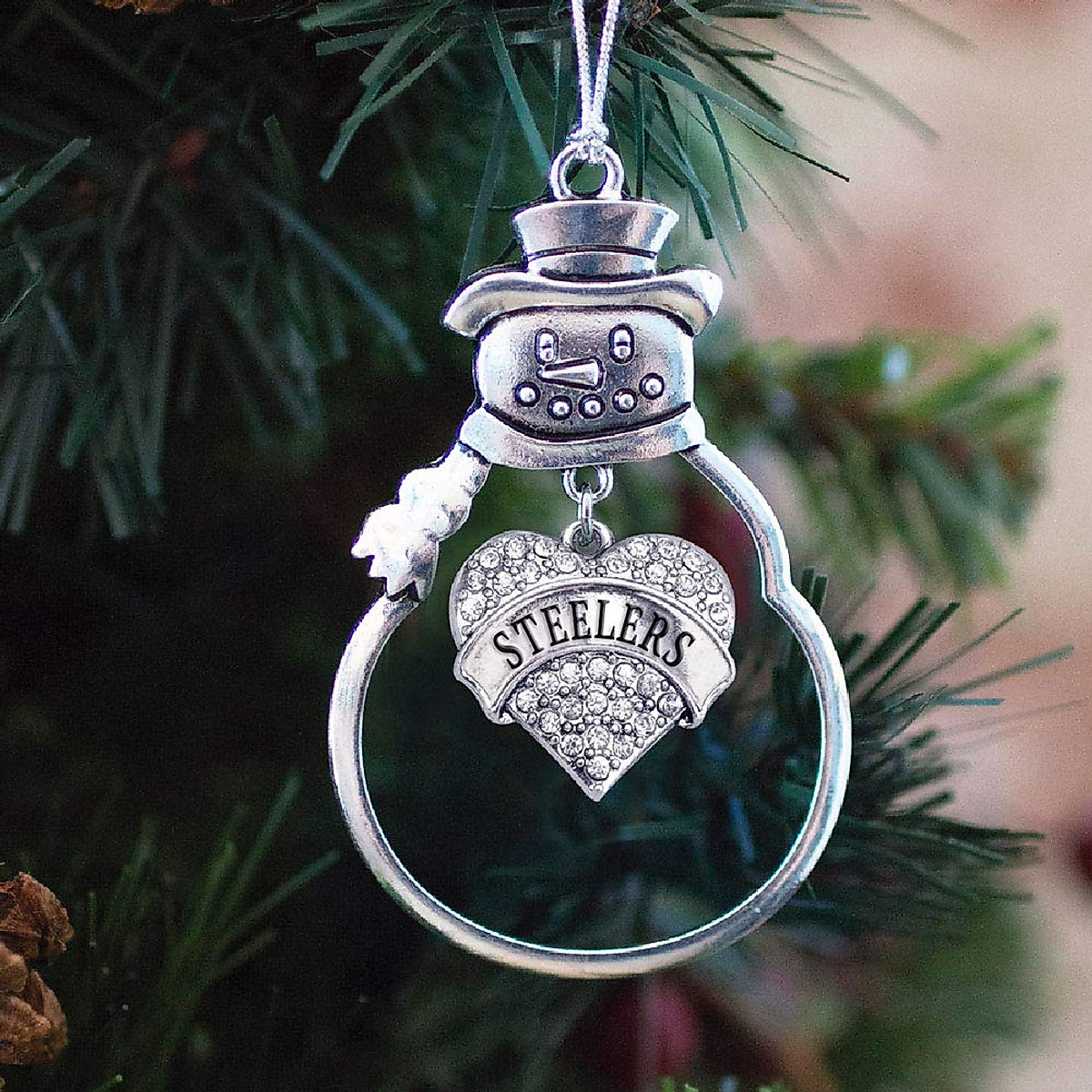 Inspired Silver - Steelers - Silver Christmas Ornament - Pave Heart Charm Christmas Tree Ornament with Cubic Zirconia - Snowman Hanging Decoration
