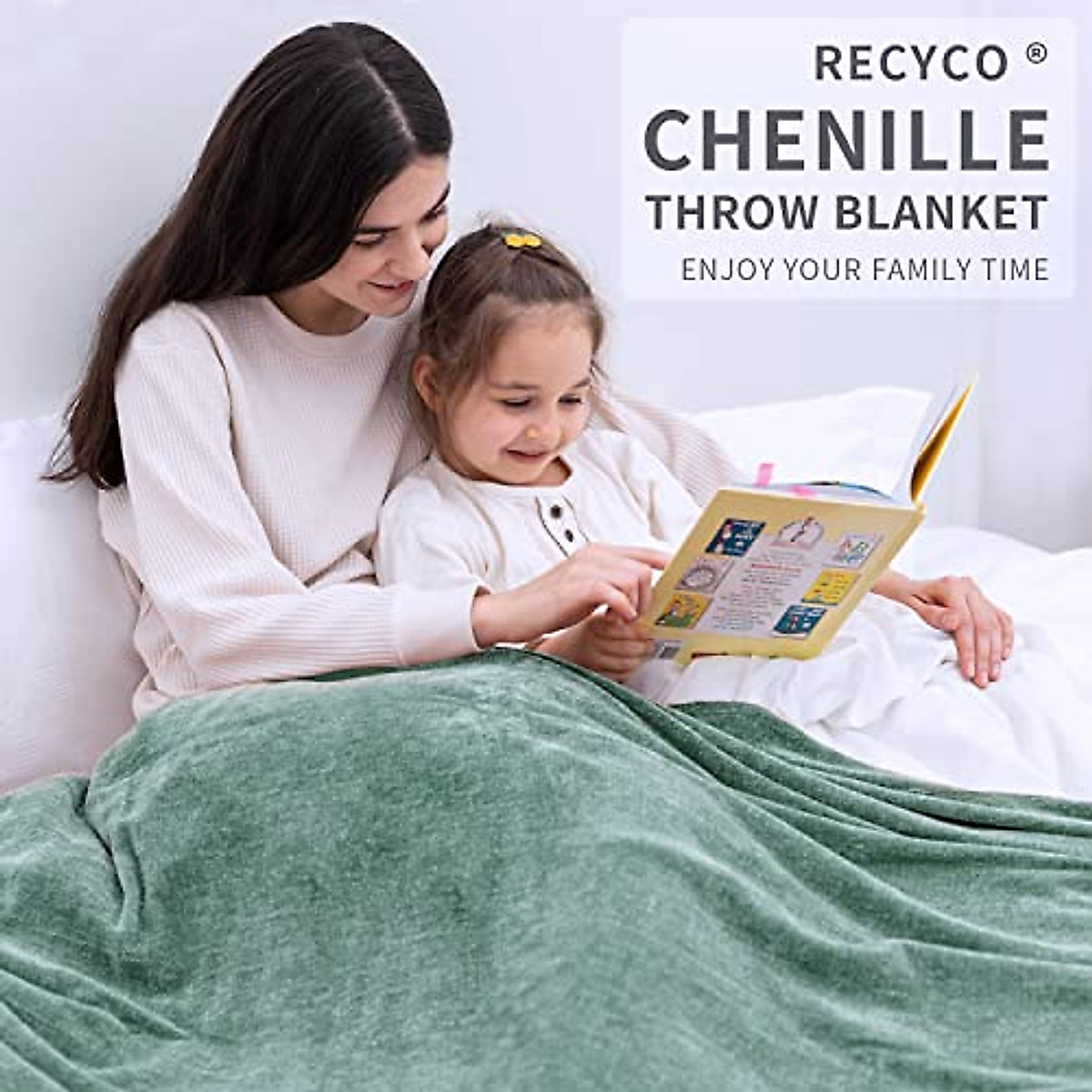 RECYCO Throw Blanket Soft Cozy Chenille Throw Blanket with Fringe Tassel for Couch Sofa Chair Bed Living Room Gift (Sage, 50'' x 60'')