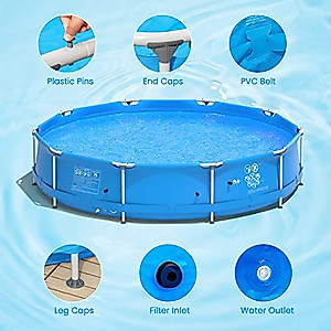Goplus Above Ground Swimming Pool, 12ft x 12ft x 30inch Outdoor Steel Frame Pool W/Pool Cover, Reinforced Steel Frame, Round Swimming Pool for Backyard, Garden, Patio, Balcony (Blue)