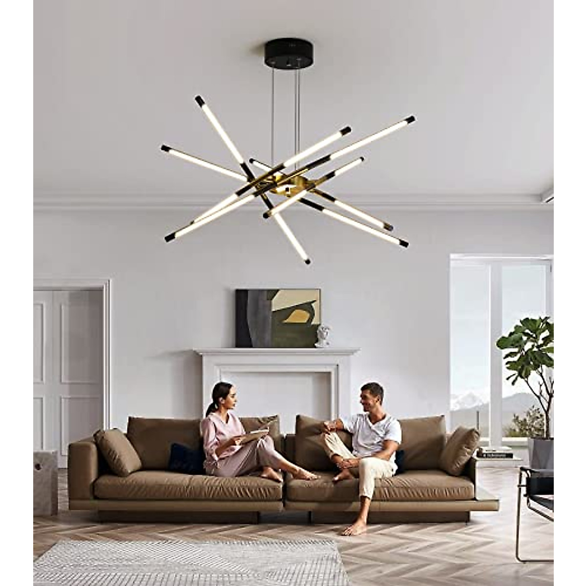 Q&S LED Modern Sputnik Chandelier,Black and Gold Mid-Century Dimmable Chandeliers with Remote for Dining Room Living Room 12 Lights