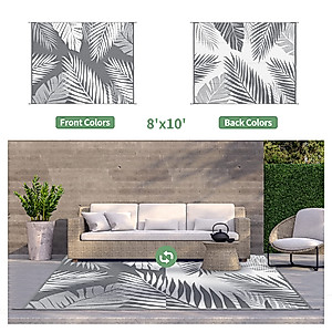 GENIMO Outdoor Rug 8' x 10' Waterproof for Patios Clearance, Reversible Plastic Straw Camping Rug Carpet, Large Area Rugs Mats for RV, Picnic, Backyard, Deck, Balcony, Porch, Beach, Grey&White