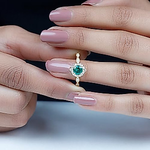 Lab Grown Emerald Diamond Engagement Ring, AAAA Quality, Certified 6 MM Round Emerald Halo Ring (With Jewelry Box), 14K Yellow Gold, Size:US 7.00