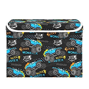 DOMIKING Monster Truck Tires Toy Storage Trunk with Lid Collapsible Storage Box Organizer with Handles for Bedroom Living Room Kid's Room
