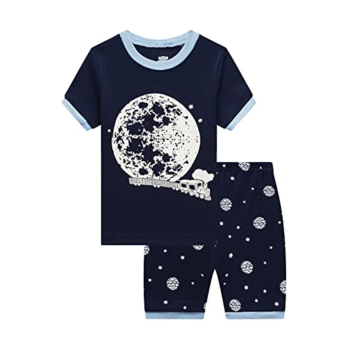 Family Feeling Glow in the Dark Moon Train Big Boys Shorts Set Summer Pajamas 100% Cotton Pjs Kid Blue Size 8