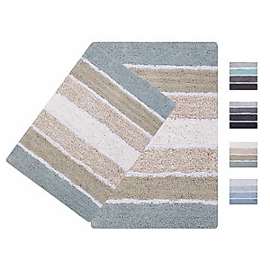 Quilted Stripe Luxury Bath Rug Set of 2, Mat Set, Soft Plush Anti-Skid Shower Rug +Toilet Mat.Quilted Rugs, Super Absorbent mats, Machine Washable Bath Mat,Size 21x32-17x24 Spa Grey-Beige