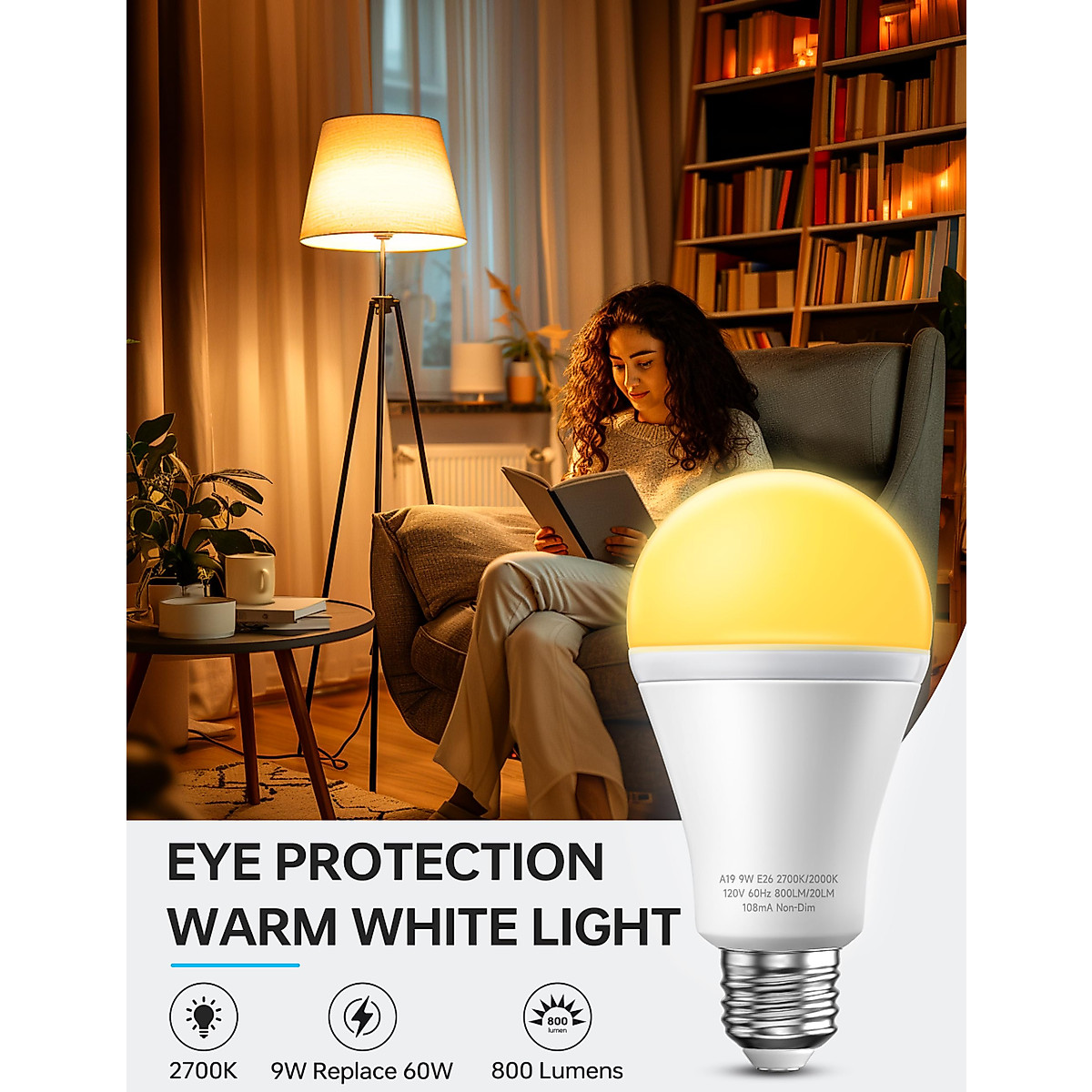 KINDEEP Sleep Light Bulb, 0.5W Amber Light Bulbs, 20lm 2000K, 2 Modes Bulb, 9W Equivalent 60W, 800lm, 2700K, E26 Blue Light Blocking Dim Lightbulbs for Lamp, Bderoom, Mood Soothing, Nursery, 4 Pack