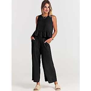 ANRABESS Two Piece Outfits for Women Summer Vacation Sleeveless Linen Crop Tank Top Casual Matching Lounge Sets Comfy Tracksuits Long Pants Jumpsuits 2023 Cute Going Out Clothes 817heise-M