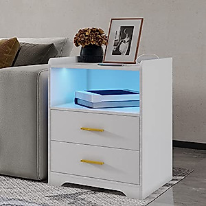 dnbss White Nightstand with Charging Station and Led Nightstand,Nightstands with 2 Drawers,Smart Bedside Table,Bed Side Table/Night Stand for Bedroom,Smart Night Stand Bedside Table Auto-Light ON