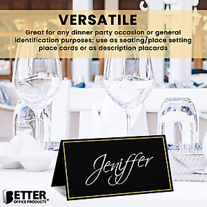 Better Office Products 100 Pack Gold Metallic Border Place Cards, 2 x 3.5 in, Folded Table Tent Cards for Weddings, Dinner Parties, Buffet Banquets,(Black)