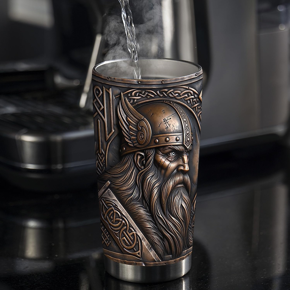 20oz Viking Celtic Warrior Tumbler, Norse Mythology, Viking Gifts for Men, Coffee Thermos for Men, Stainless Steel Double Wall Vacuum Insulated Coffee Mug, Travel Cup with Lid