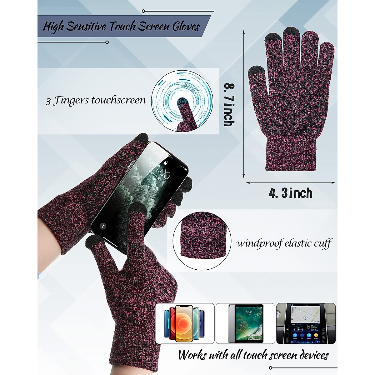 SATINIOR 6 Pieces Winter Warm Knit Beanie Hat Touchscreen Gloves Scarf Set Fleece Lining Skull Caps Neck Scarves, Navy Blue, Wine Red, One Size